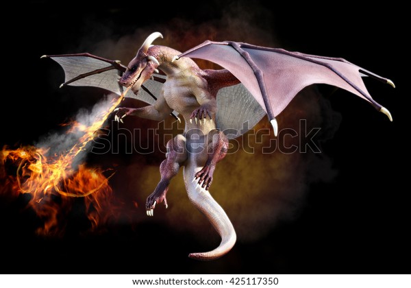Fantasy Scene Red Dragon Blowing Fire Stock Illustration 425117350