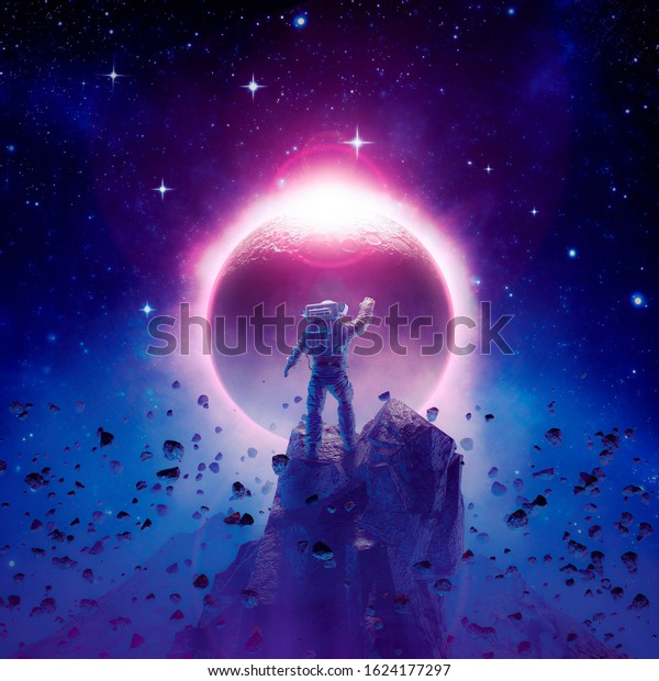 The final eclipse / 3D illustration of science fiction scene showing ...