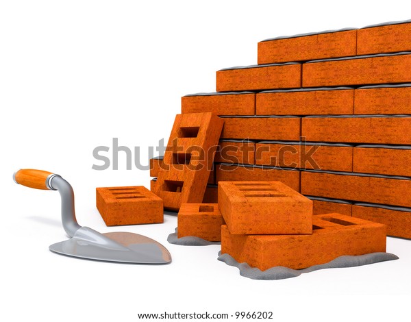 First bricks of new house. Brick wall foundation isolated 3d illustration
