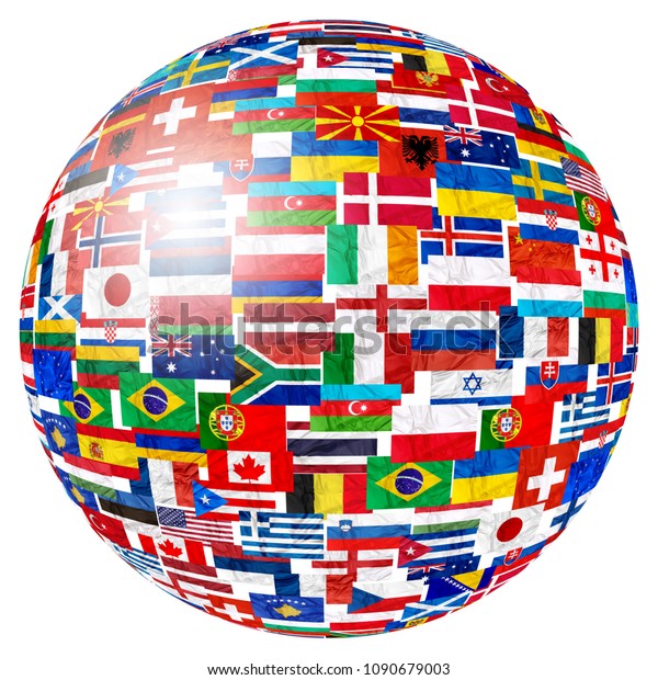 Flags of world countries and in sphere globe shape on white background ...