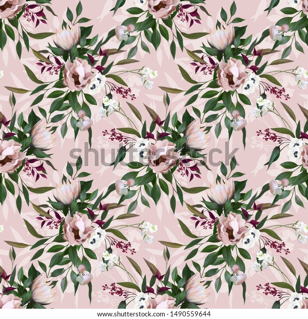 Floral romantic pattern composed of painted elements. Flowers contrast ...