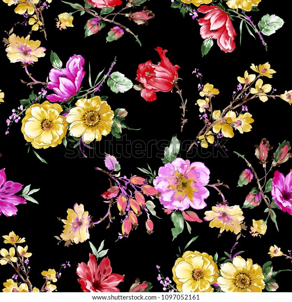 Flower Pattern Black Background: ilustrações stock 1097052161 ...
