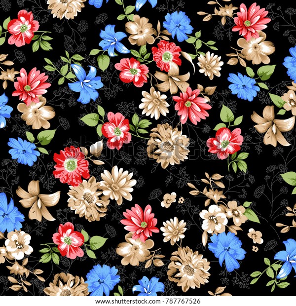 Flower Pattern Black Background Stok İllüstrasyon 787767526 | Shutterstock