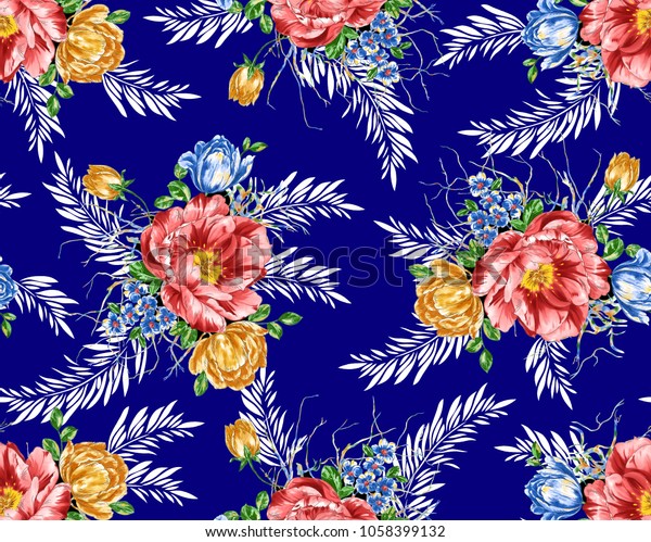 Flower Pattern Navy Background Stock Illustration 1058399132