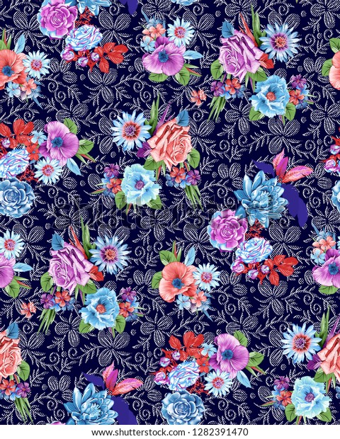 Flower Pattern Navy Background Stock Illustration 1282391470 | Shutterstock