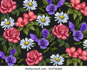 Flowers Random Pattern Artwork On Black Stock Illustration 419746606 ...