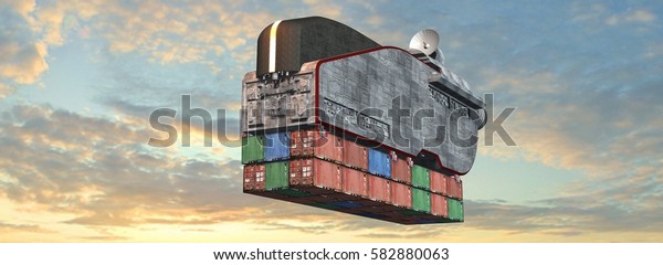 Flying Cargo Ship Freight Container Sky Stock Illustration 582880063 ...