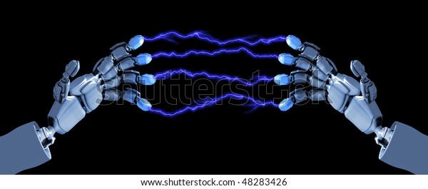 Forked Lightning Between Fingers Hands Robots Stock Illustration ...