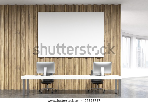 Front view of office interior with workplace, blank banner on wooden ...