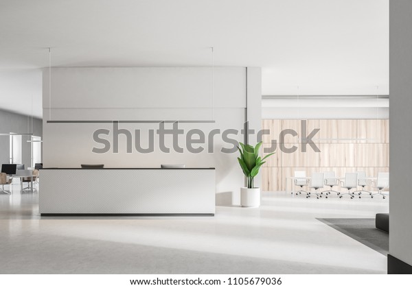 Front View White Reception Desk Standing Stock Illustration 1105679036 ...