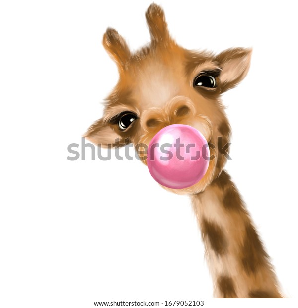 Funny Giraffe Blowing Bubble Hand Drawn Stock Illustration 1679052103