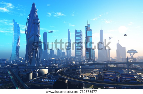 Future City On Coast3d Render Stockillustration 732378577