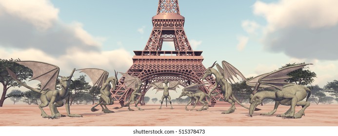 Gargoyles Front Eiffel Tower Computer Generated Stock Illustration ...