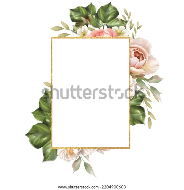 Golden Rectangle Frame White Rose Flowers Stock Illustration 2204900603 ...