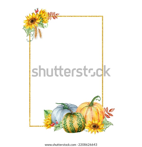 Golden Rectangular Frame Watercolor Pumpkins Sunflowers Stock ...