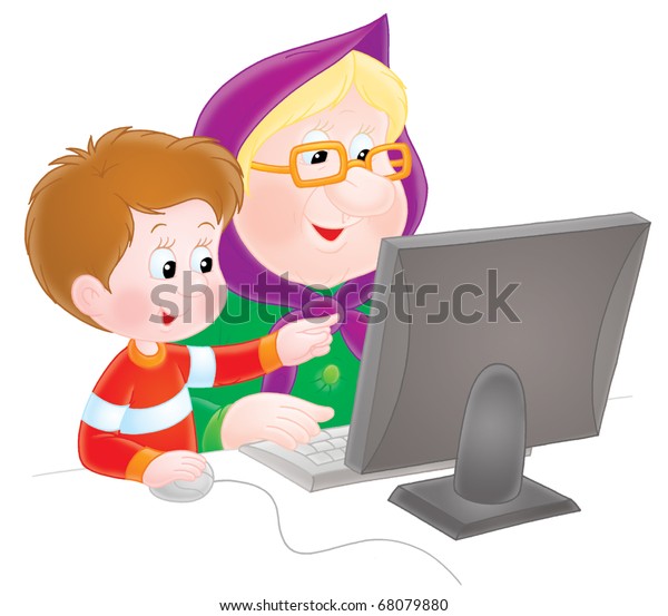 Grandma Grandson Learning Computer Stock Illustration 68079880 ...