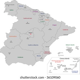 Gray Spain Map Regions Main Cities Stock Illustration 36109060 ...