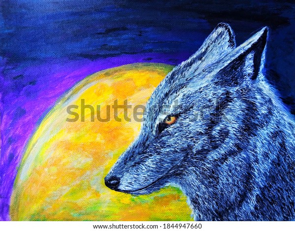 Gray Wolf Under Full Moon Acrylic Stock Illustration 1844947660 ...