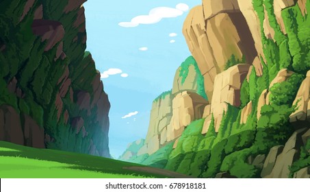 Green Canyon Path Between Two Hills: стоковая иллюстрация, 678918181 ...