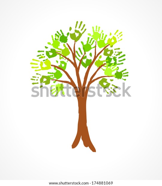 Green Tree Leaves Made Handprint Eco Stock Illustration 174881069
