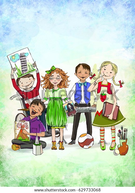 Group Children Demonstrating Different School Activities Stock ...
