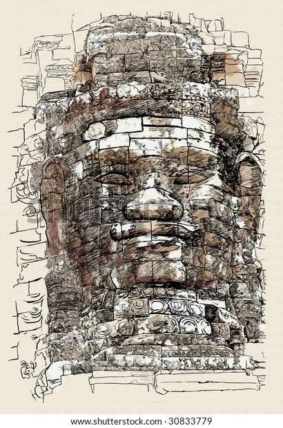 Hand Drawing Statue Bayon Temple Angkor Stock Illustration 30833779