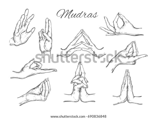 Hand Drawn Set 9 Mudras Isolated Stock Illustration 690836848 ...