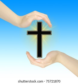 Jesus Hand Cross On Blue Background Stock Photo (Edit Now) 405967117
