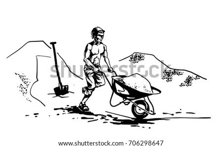 Hard Worker Pushing Wheelbarrow Construction Site Stock Illustration ...