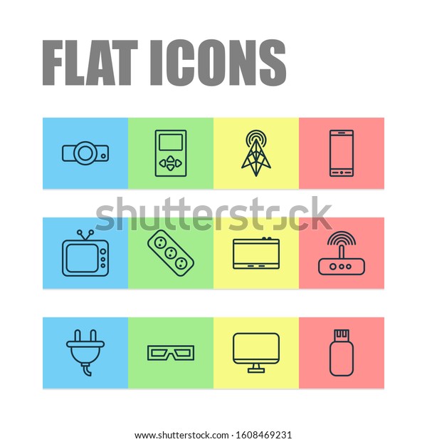 Hardware icons set with projector, 3d glasses, antenna and other ...