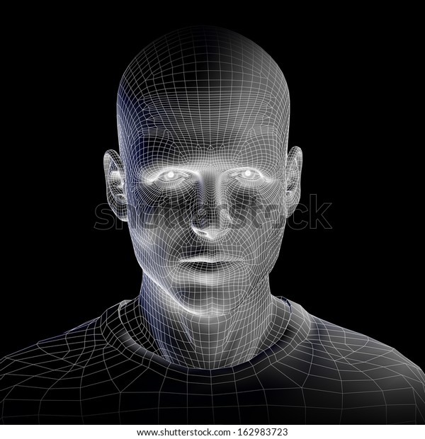 High resolution concept or conceptual 3D wireframe human male head ...