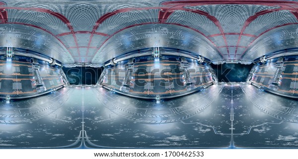 High resolution HDRI panoramic view of coloured spaceship interior. 360 ...