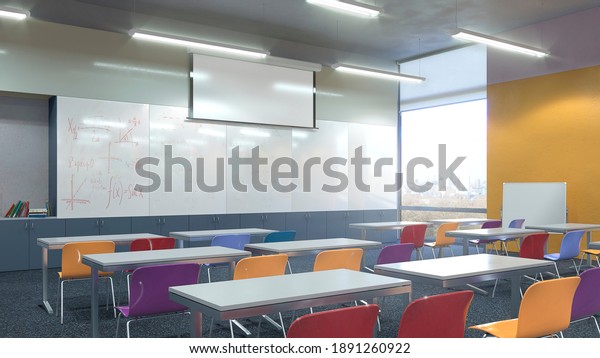 High school classroom interior. 3d illustration