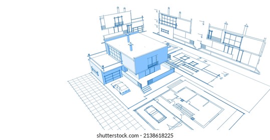Modern House Architectural Project Sketch 3d Stock Illustration ...