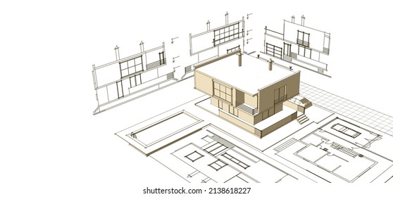 Modern House Architectural Project Sketch 3d Stock Illustration ...