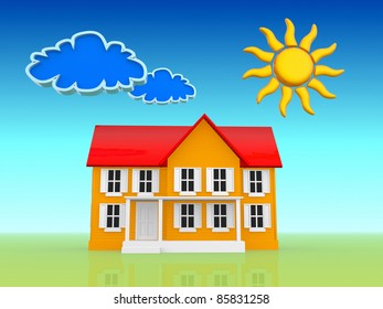 House Sun Cloudsdrawingcartoon 3d Render Illustration Stock ...