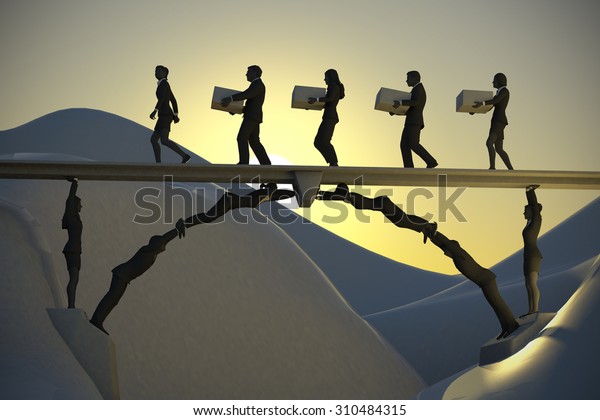 Human Bridge working until dawn. A bridge made of people in teamwork ...