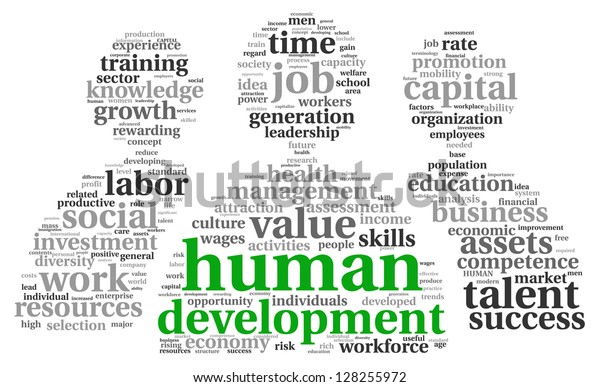 Human development concept in tag cloud on white background