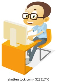 Illustration Tech Boy Operating Desktop Computer Stock Illustration ...