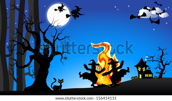 Illustration Witches Dancing Around Fire Halloween Stock Illustration ...