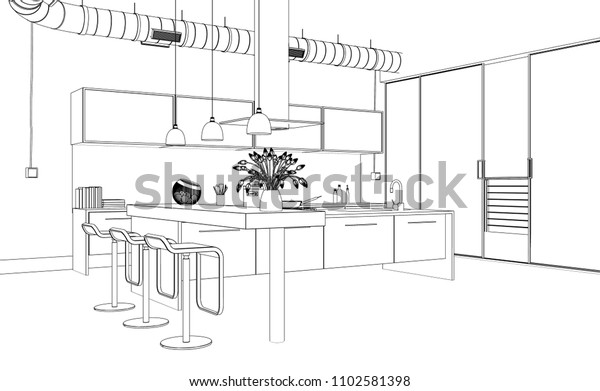 Interior Design Modern Kitchen Drawing Plan Stock Illustration ...