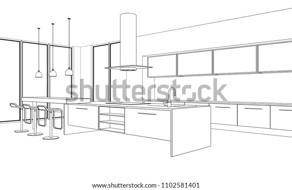 Interior Design Modern Kitchen Drawing Plan 스톡 일러스트 1102581401 ...