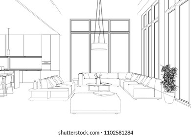 Modern House Interior Design Project Sketch Stock Illustration 1245070984