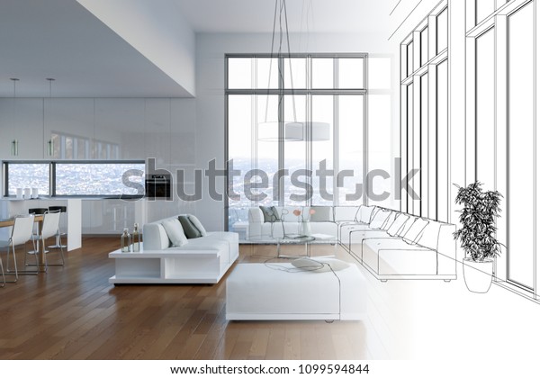 Interior Design Modern Loft Drawing Gradation Stockillustration ...