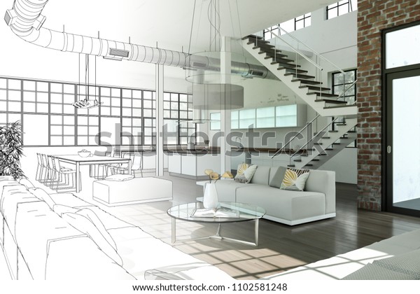 Interior Design Modern Loft Drawing Gradation Stock Illustration ...