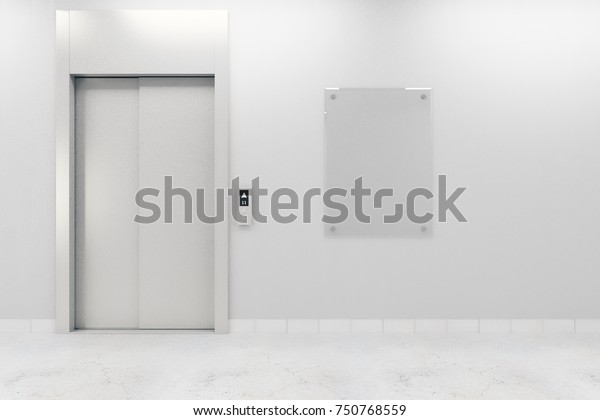 Interior with elevator and blank glass banner. Success and start up ...