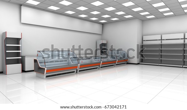 Interior Empty Grocery Store Showcases 3d Stock Illustration 673042171
