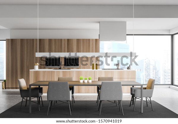 Interior Panoramic Kitchen White Walls Concrete Stock Illustration ...