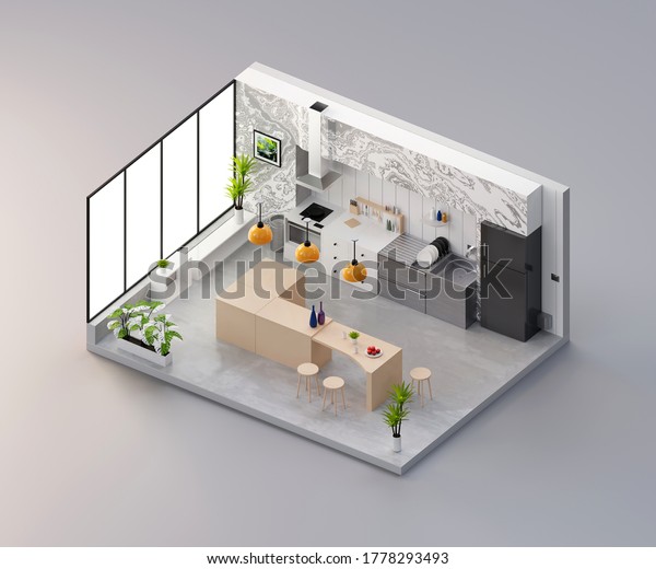 Isometric View Kitchen Room Open Inside Stock Illustration 1778293493 ...