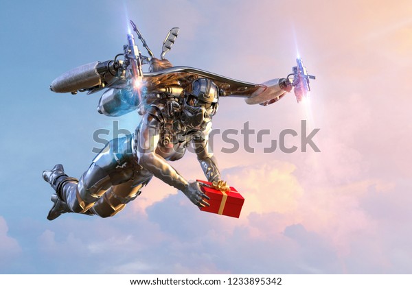 Jetpack Rocket Pilot Robot Holding Wrapped Stock Illustration 1233895342